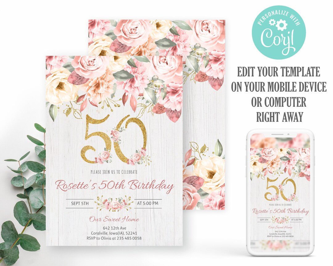 Rustic 50th Birthday Invitation. Floral Birthday Invitation. Wooden ...