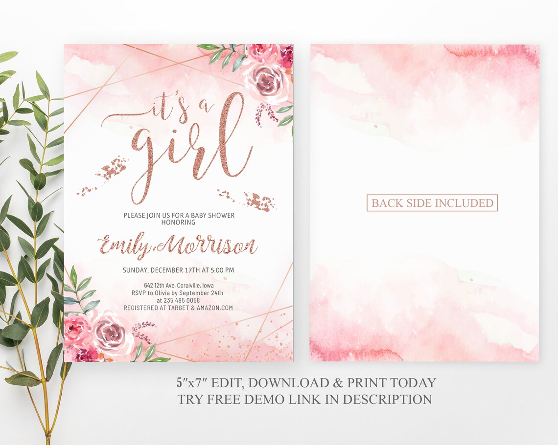 Editable Blush Pink Baby Shower Invitation. Its a girl Baby | Etsy