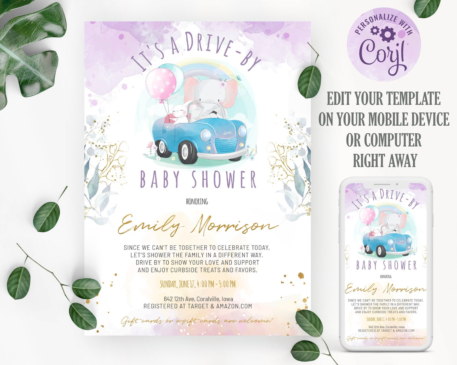 Editable Floral Drive by Baby Shower Invitation Template. - Etsy
