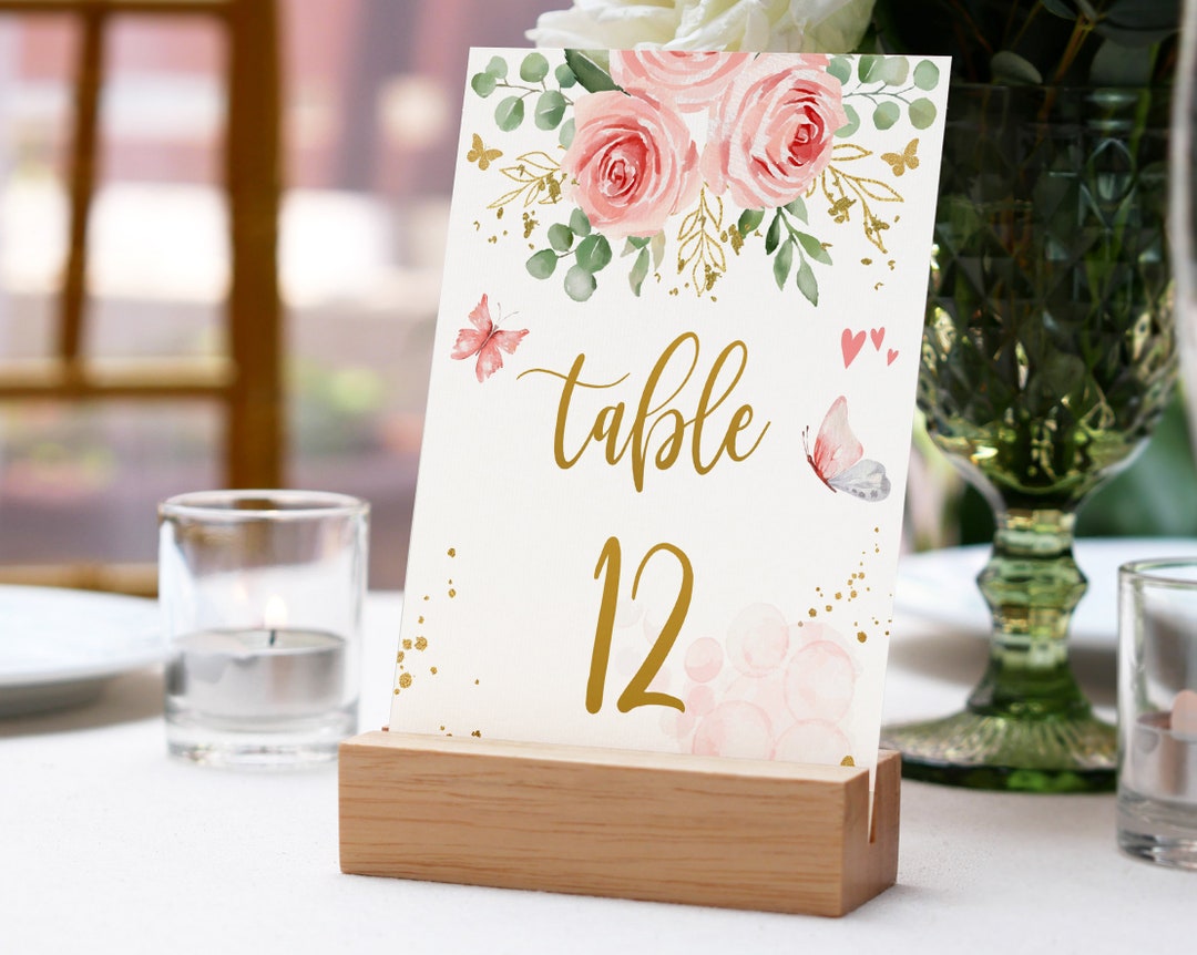 Números de mesa con mariposas y flores rosas: Decoración en oro rosa ...