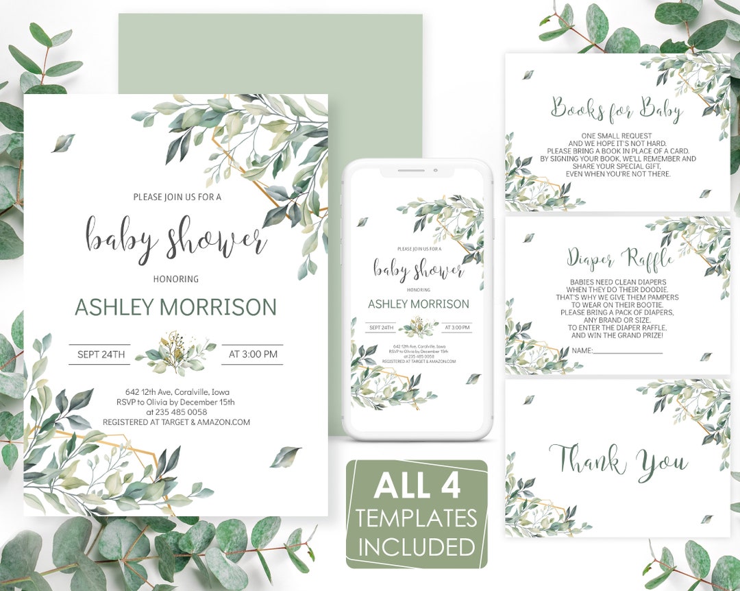 Greenery Baby Shower Invitation Set. Editable Baby Shower Invite. Gold ...