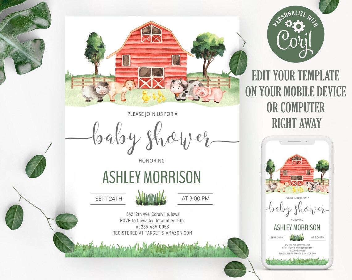 Editable Farm Baby Shower Invitation Template. Red Farm Baby - Etsy