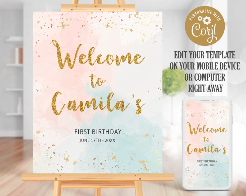 Watercolor Birthday Welcome Sign: Pastel Gold Glitter (editable ...
