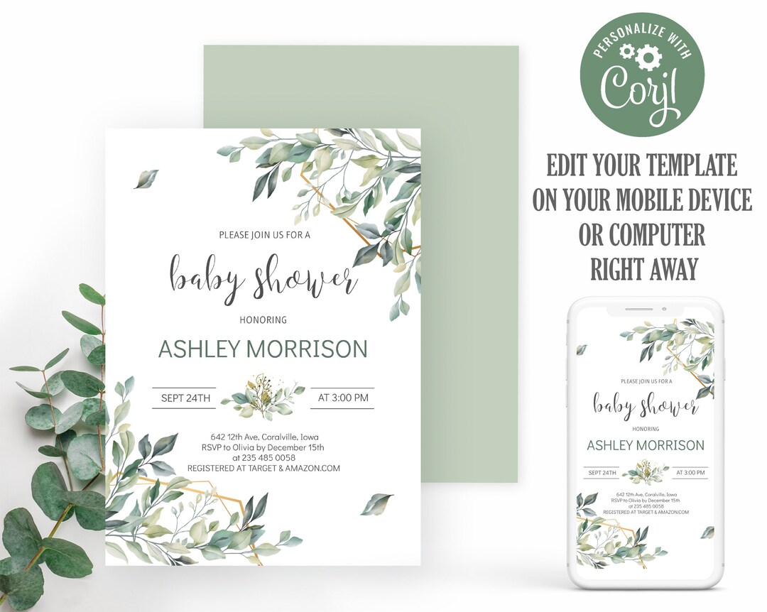Greenery Baby Shower Invitation. Floral Baby Shower Invitation Template ...