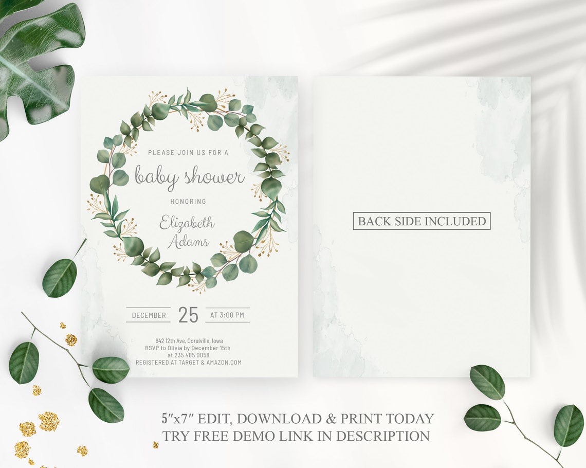 Editable Greenery Baby Shower Invitation. Greenery Baby Shower - Etsy