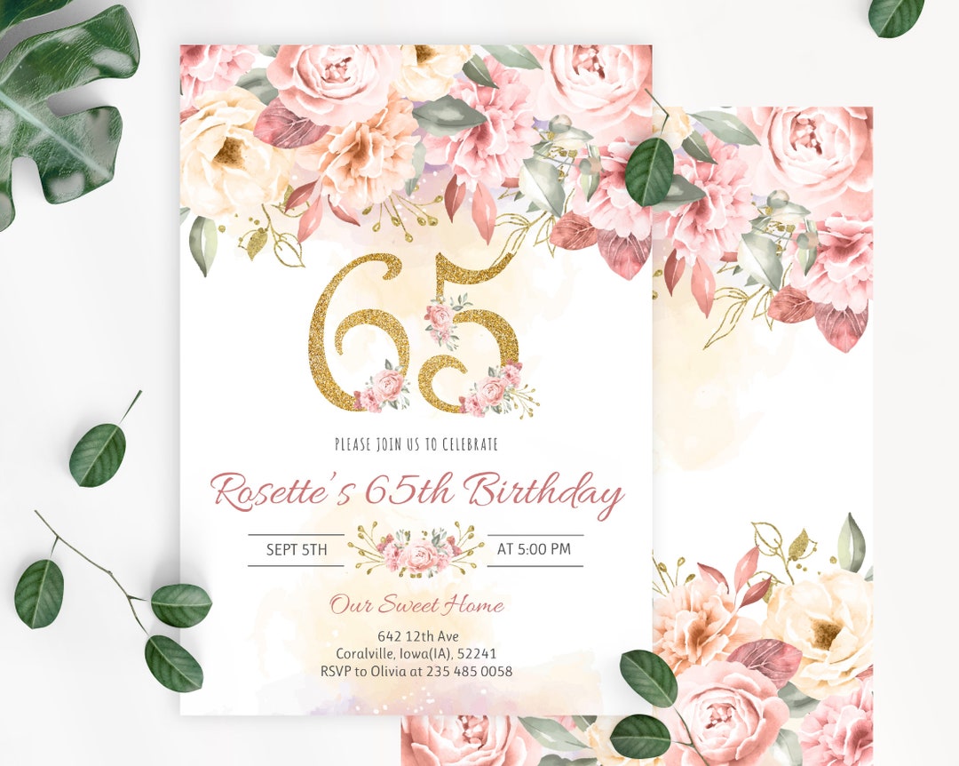 Floral 65th Birthday Invitation: Blush Pink & Gold (editable) - Etsy