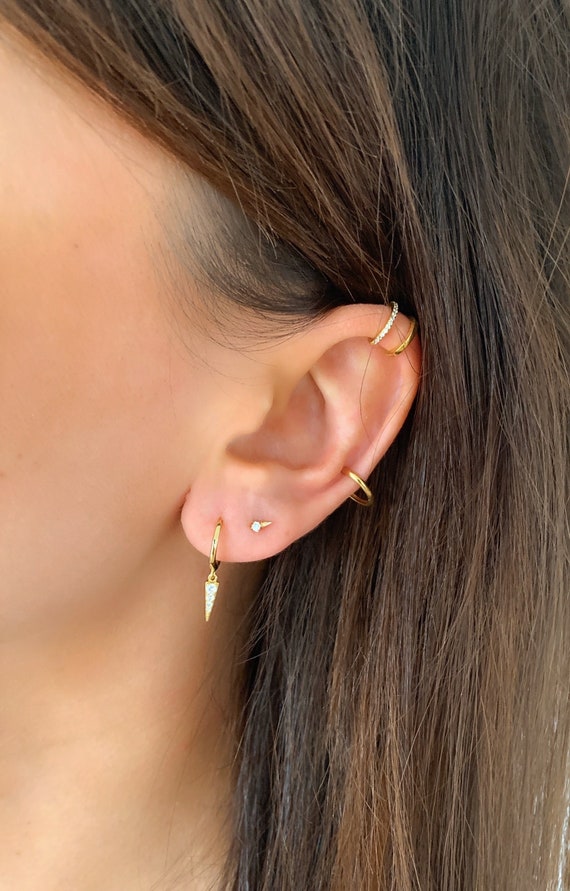 Earrings with spike pendant Delicate earrings Gold CZ hoop | Etsy