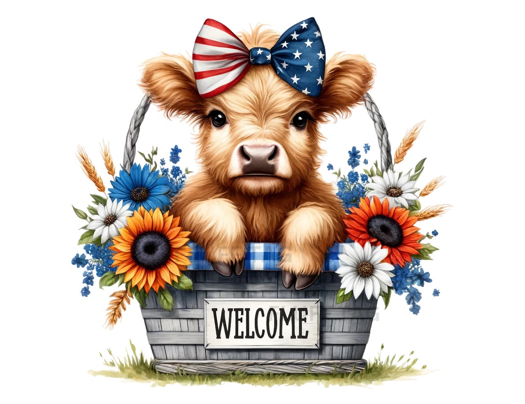 7 PNG Images 4th of July Baby Highland Cow in a Basket Transparent ...