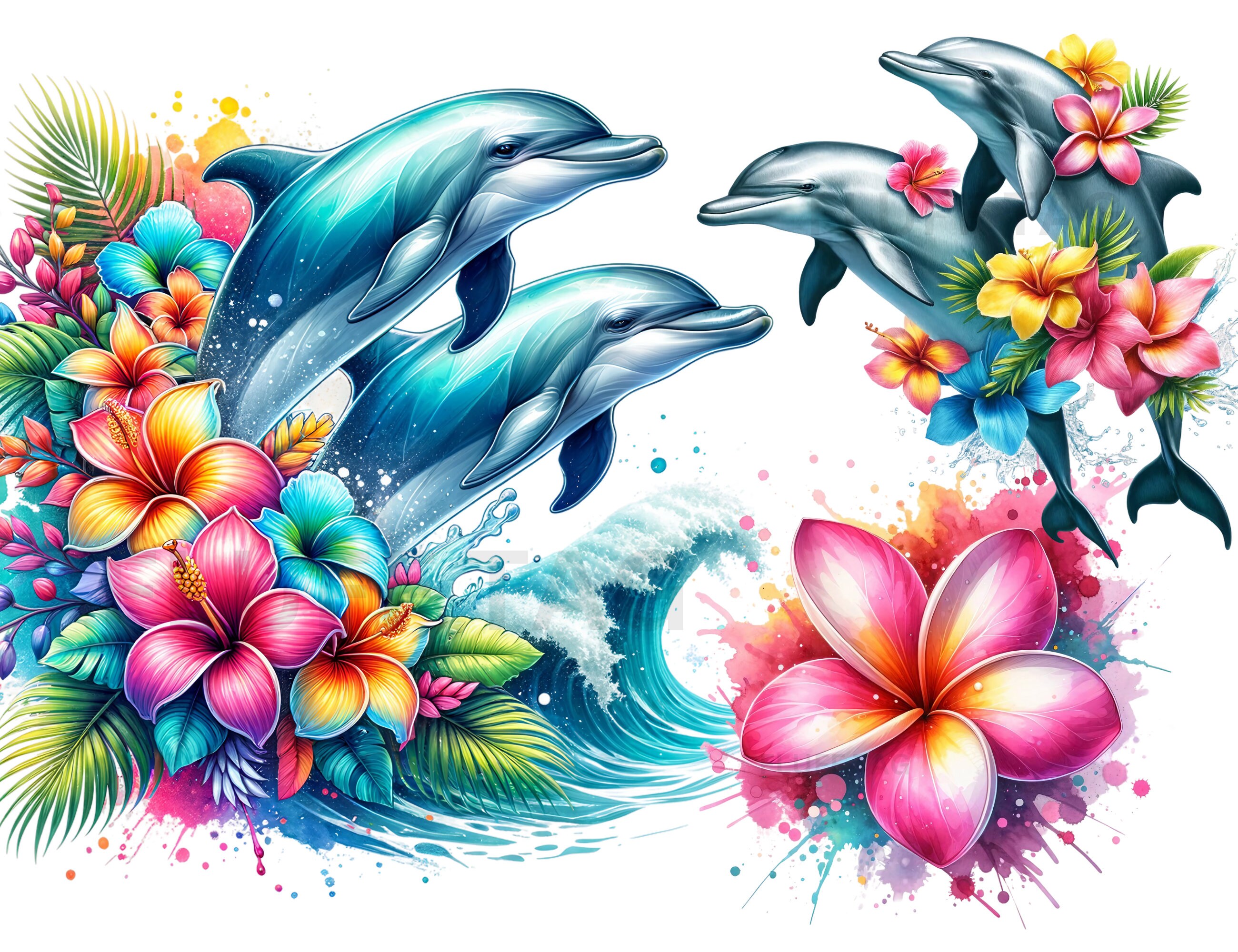 30 PNG Images Dolphins and Tropical Flowers Clipart Transparent ...
