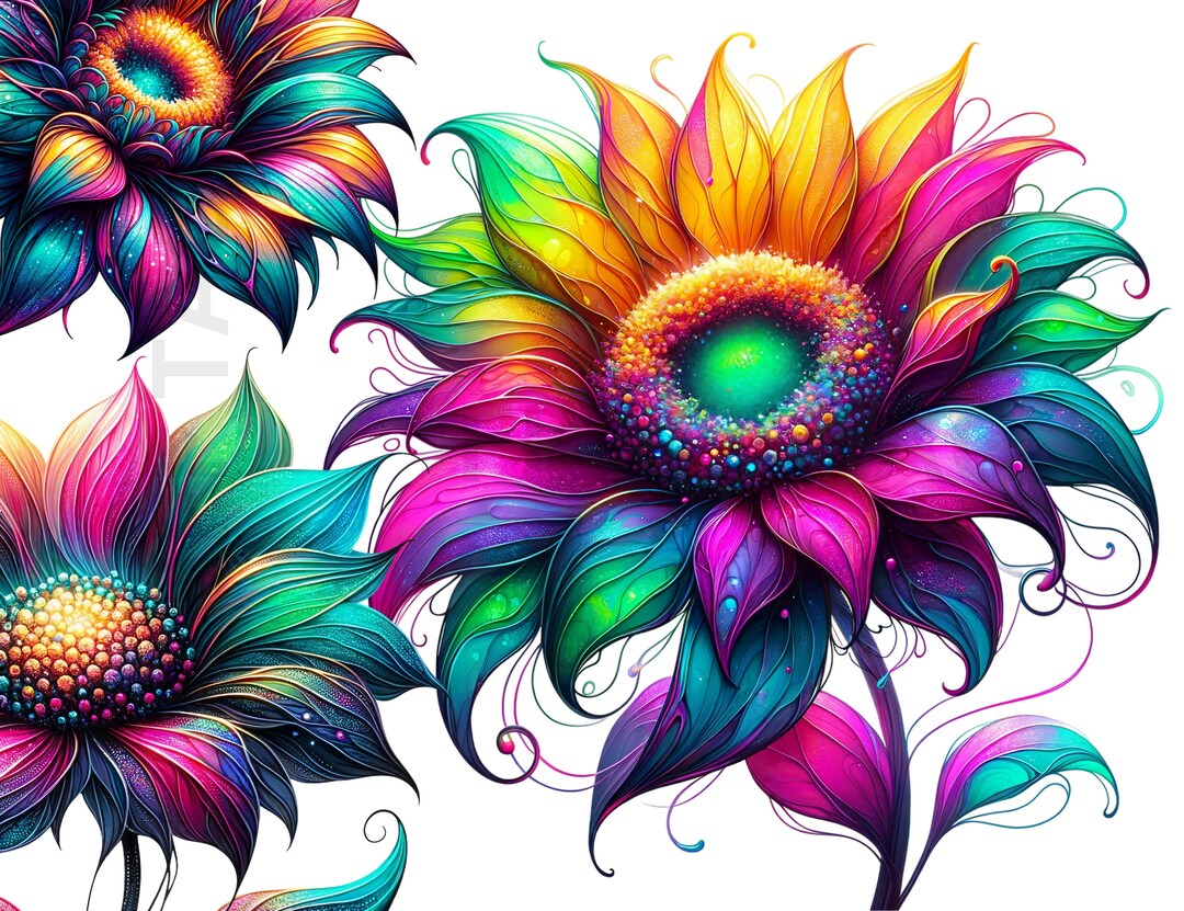 10 PNG Images Neon Sunflowers Transparent Background Clipart Commercial ...
