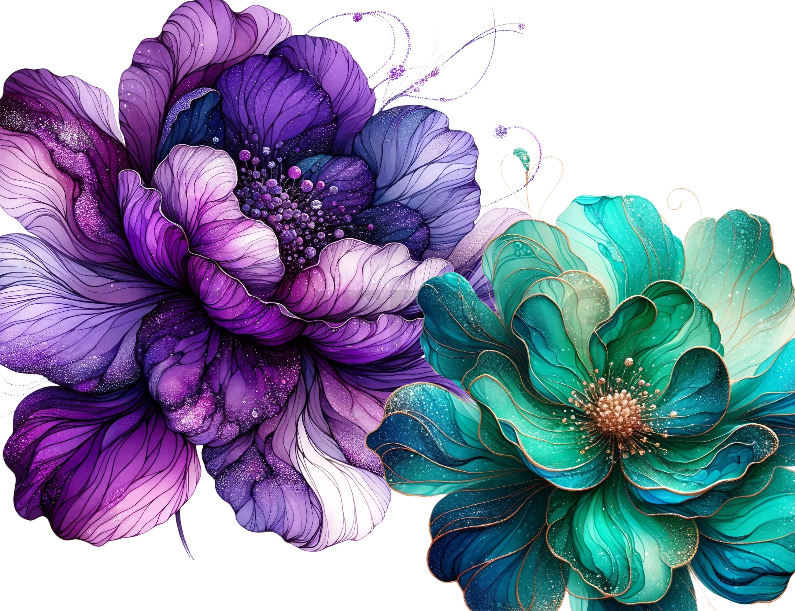 7 PNG Images Transparent Background Alcohol Ink Flowers Purple Teal - Etsy