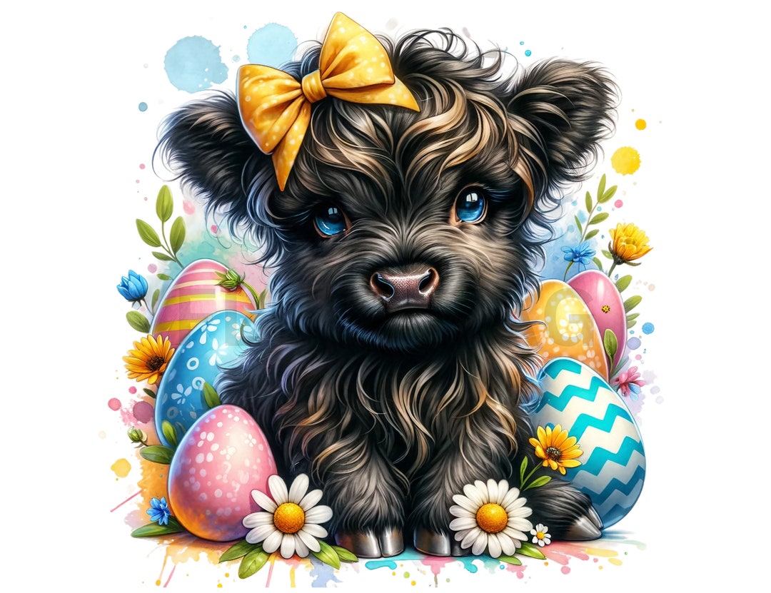 7 PNG Images Baby Highland Cows Easter Colorful Eggs Transparent ...