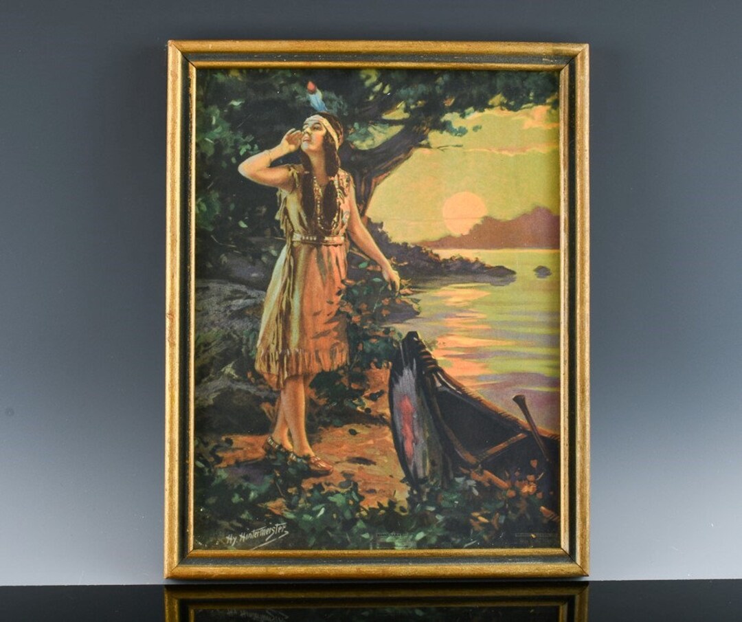 RARE C1930 Antique Chromo Lithograph Print of Minnehaha Beautiful Young ...