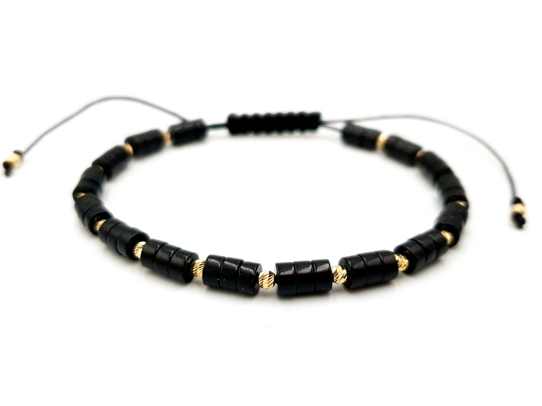 Gold Bracelet Black Onyx Natural Stones, 14k Real Gold Beads, Custom ...