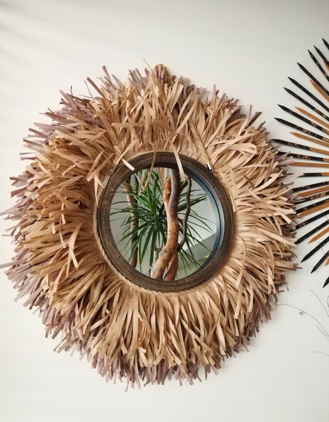 Raffia Wall Hanging Mirror, Boho Round Mirror, Neutral Natural Decor ...