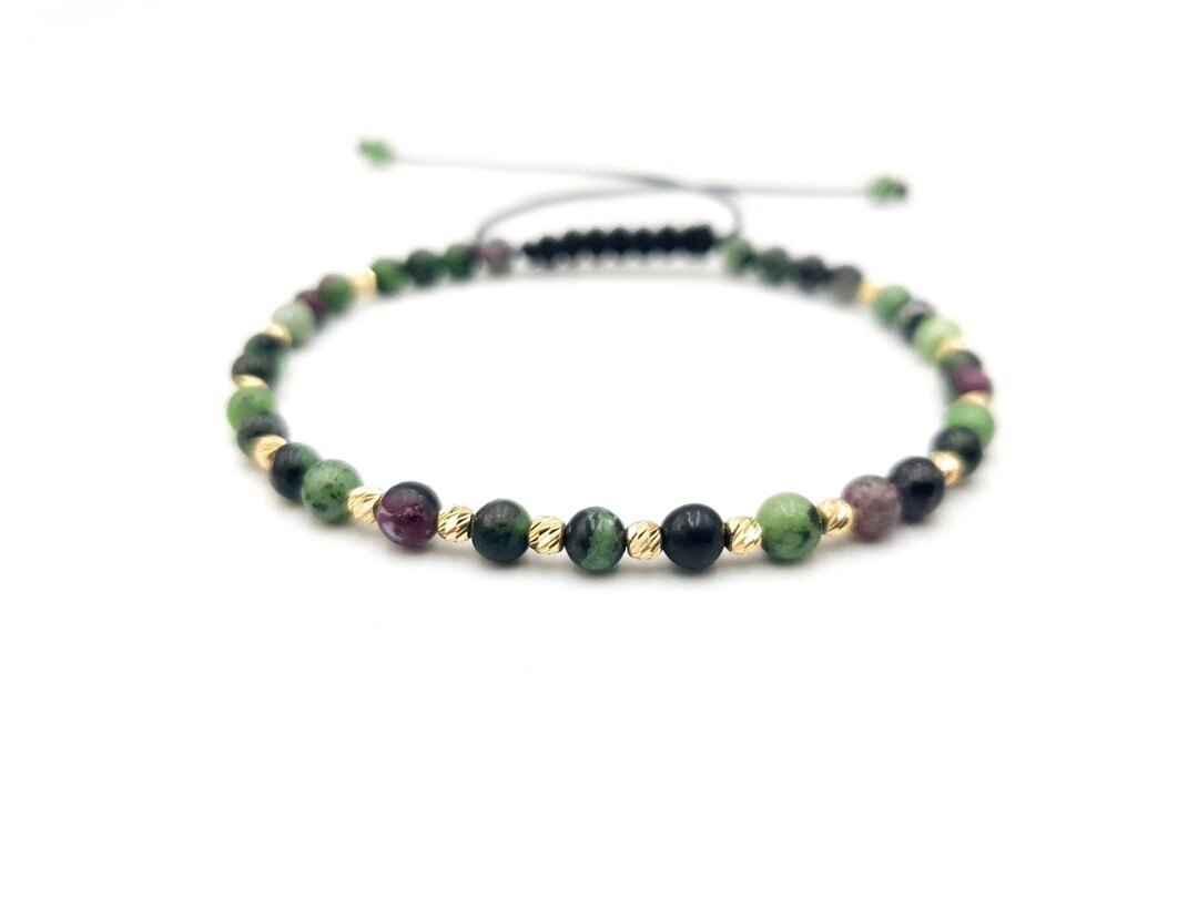 Gold Bracelet With Ruby Zoisite Natural Stones, 14k Real Gold Beads ...