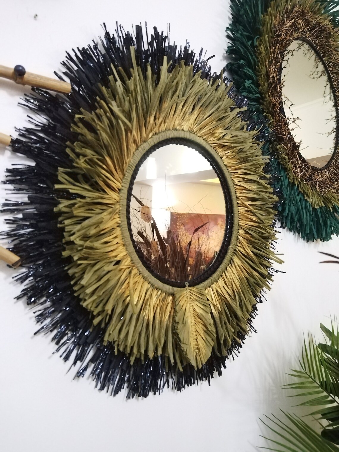 Raffia Mirror Single Round Raffia Mirror Boho Mirror Wall - Etsy