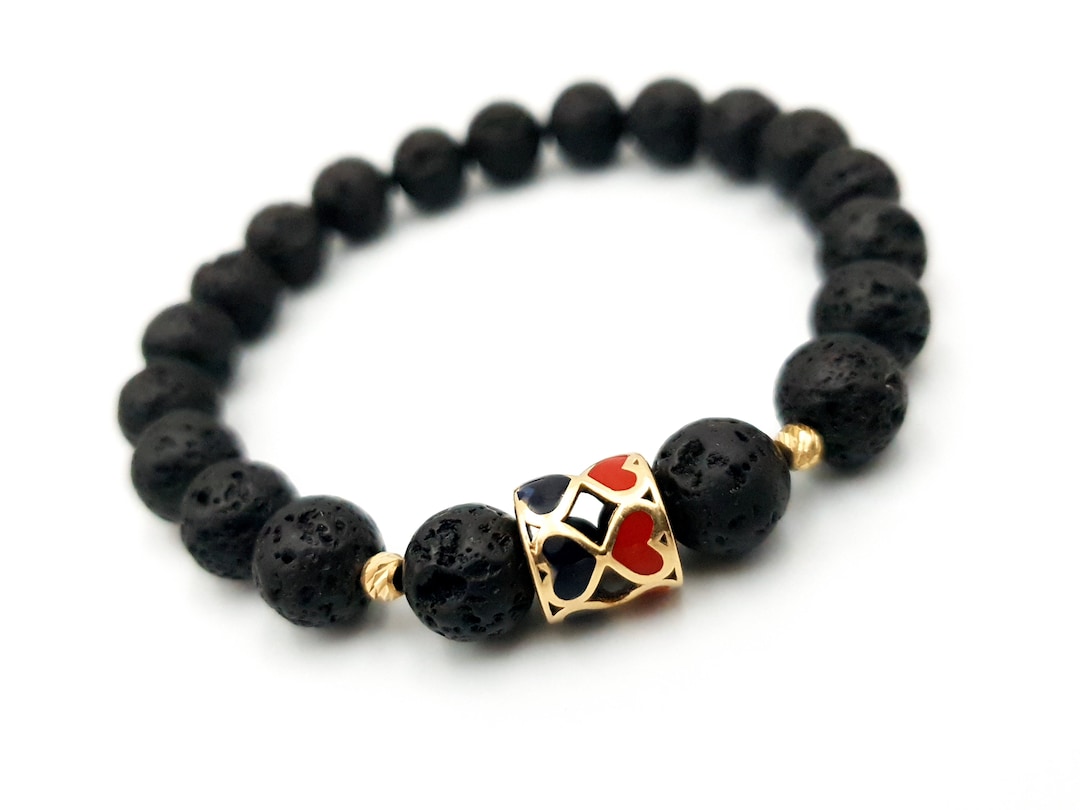 Gold Bracelet Black Lava Natural Stones, 14k Real Gold Beads Custom ...