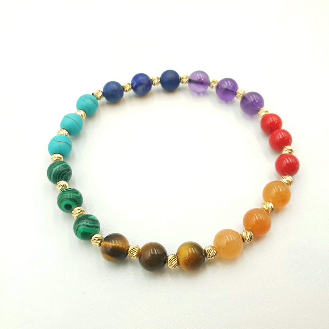 7 Chakra Bracelet, 14kt Real Gold Beads and Semi-precious Stones ...