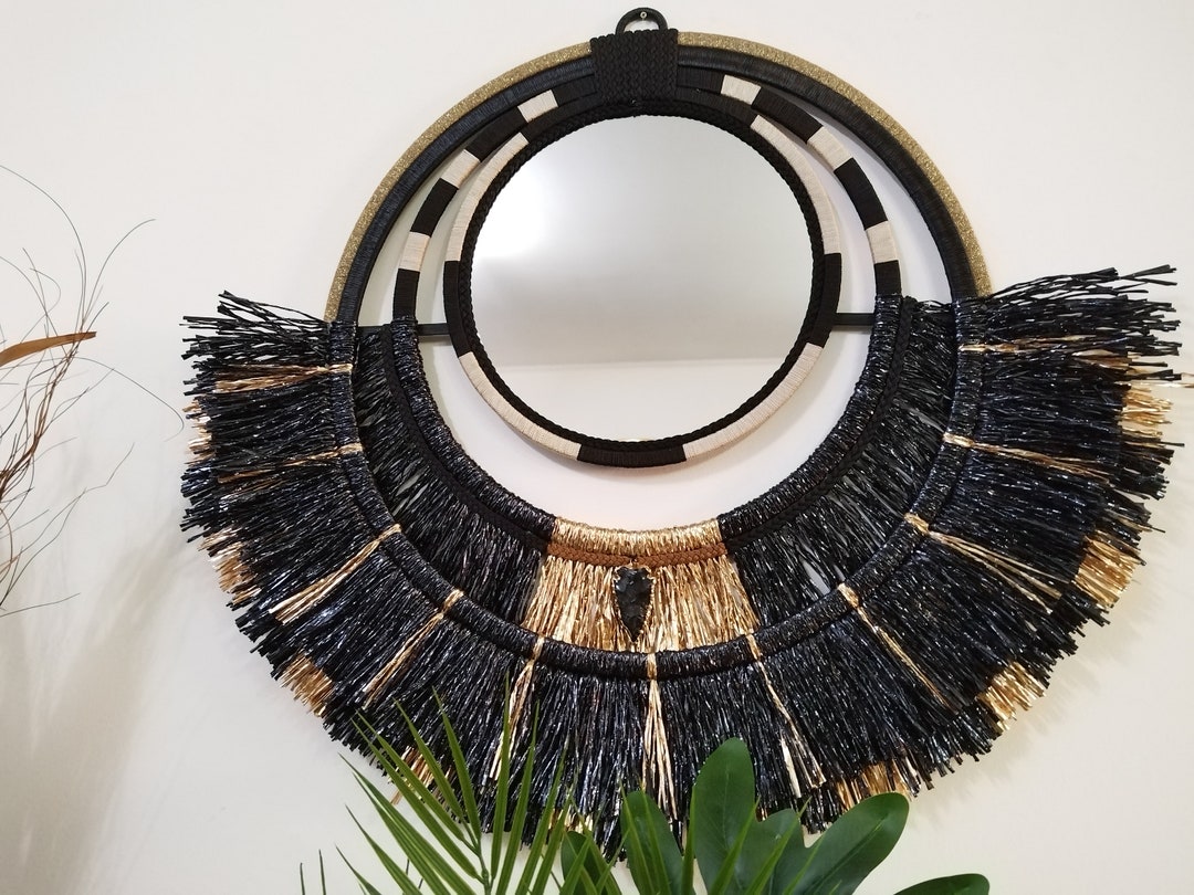 Large Boho Raffia Mirror - Decorative Wall Mirror, Gold Black Mirror ...