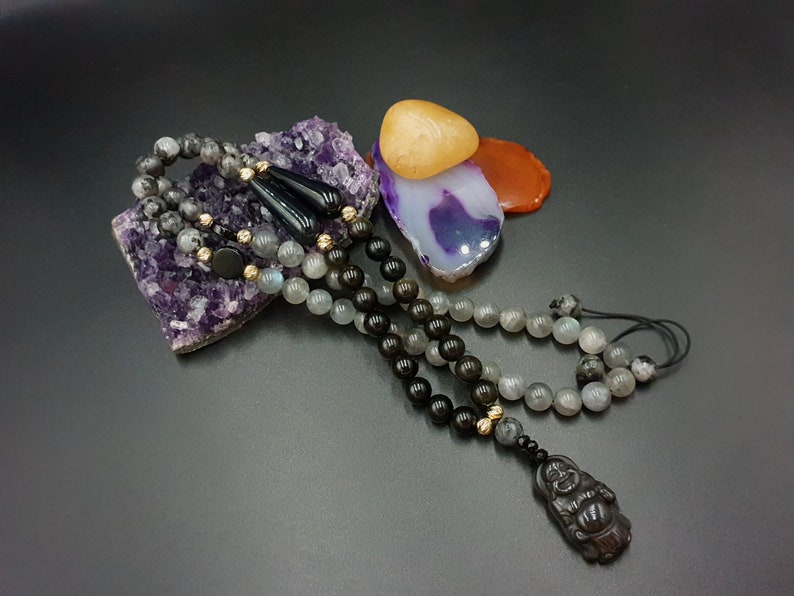 14kt Real Gold Beads Obsidian and Labradorite Necklace: Buddha Pendant ...