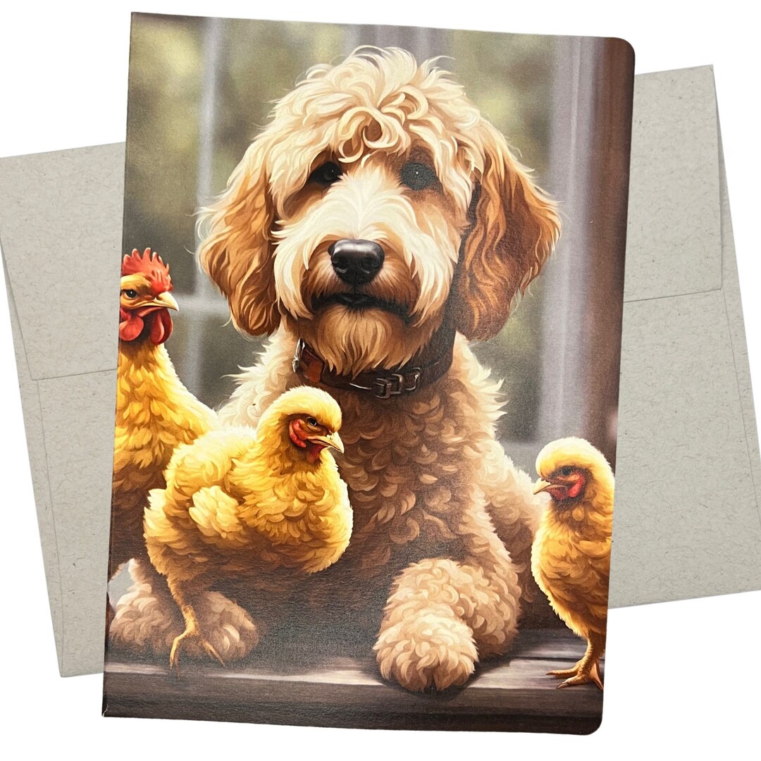Goldendoodle and Chickens Card (1 Premium Card, 5X7 Inches) Dog and ...