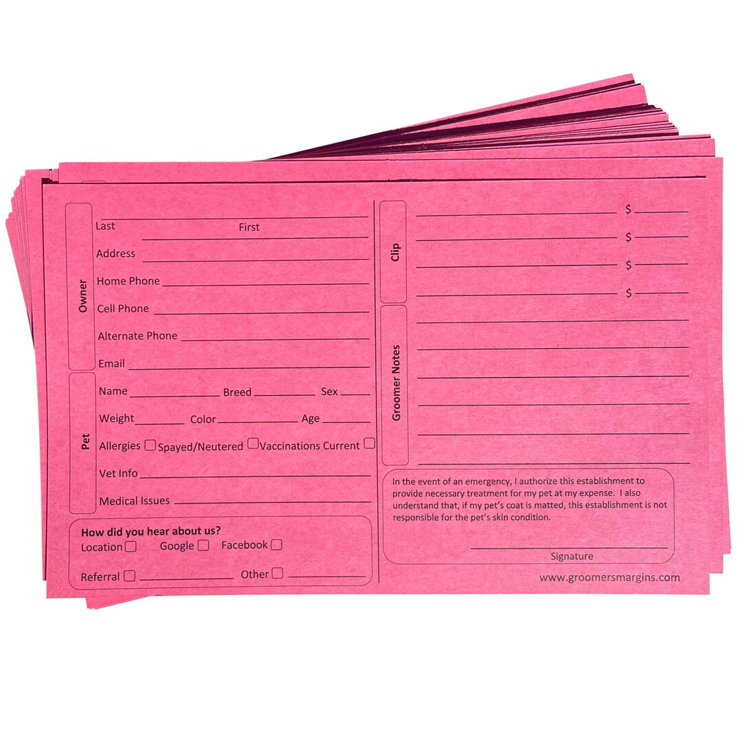 Cherry Pink Dog Grooming Cards 100 Pack 8 X 5 Inch Groomer Client ...