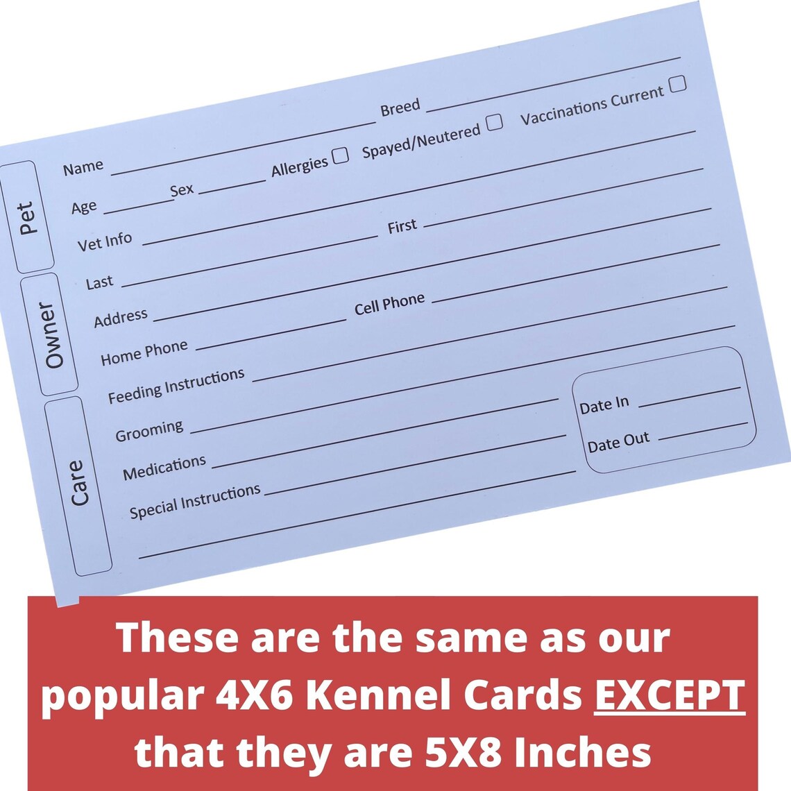 5X8 Inch Kennel Cards (100 Pack) Dog Cat Pet Boarding Profile Record ...