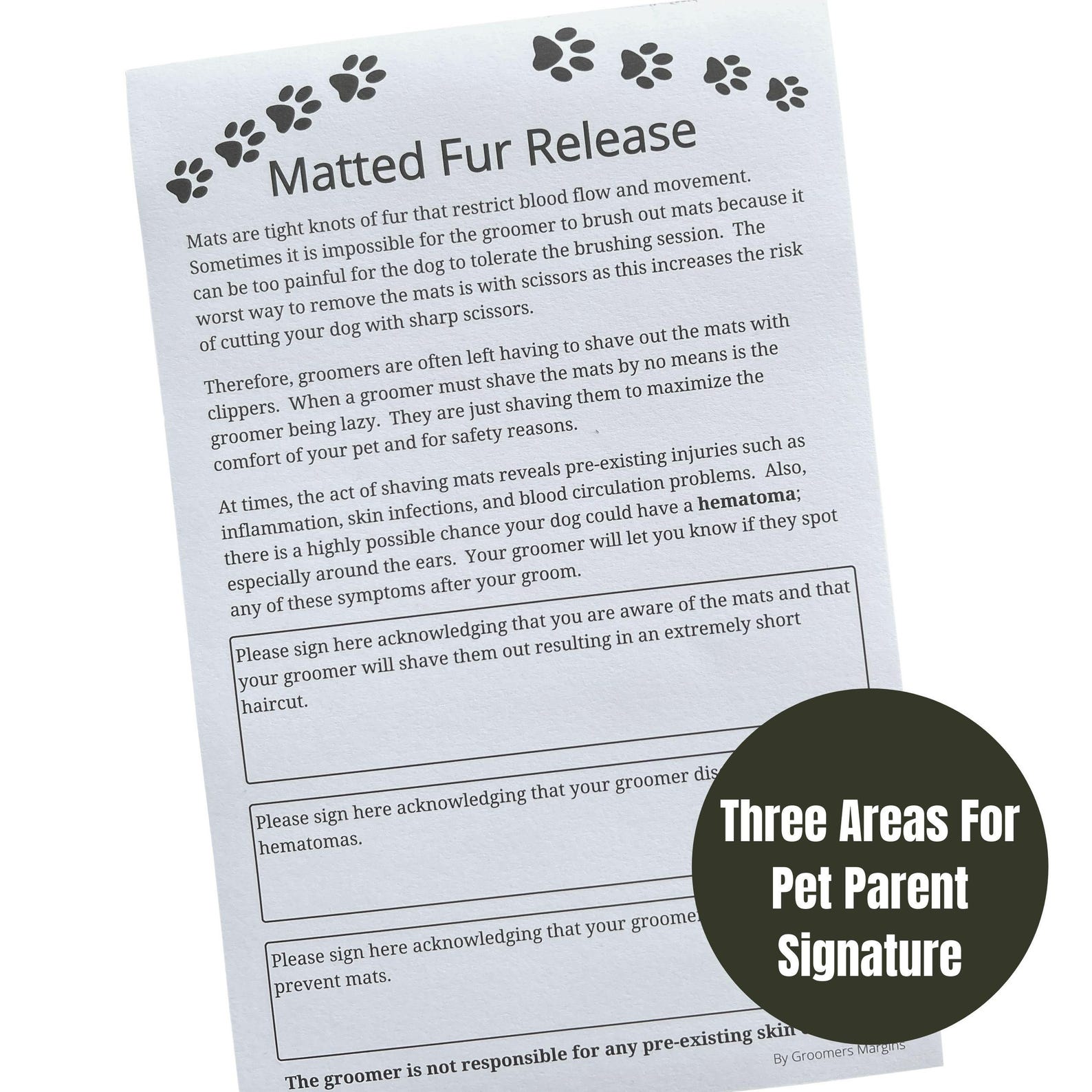 Dog Grooming Matted Fur Release Forms (pad of 100, 5.5 X 8.5 Inches ...