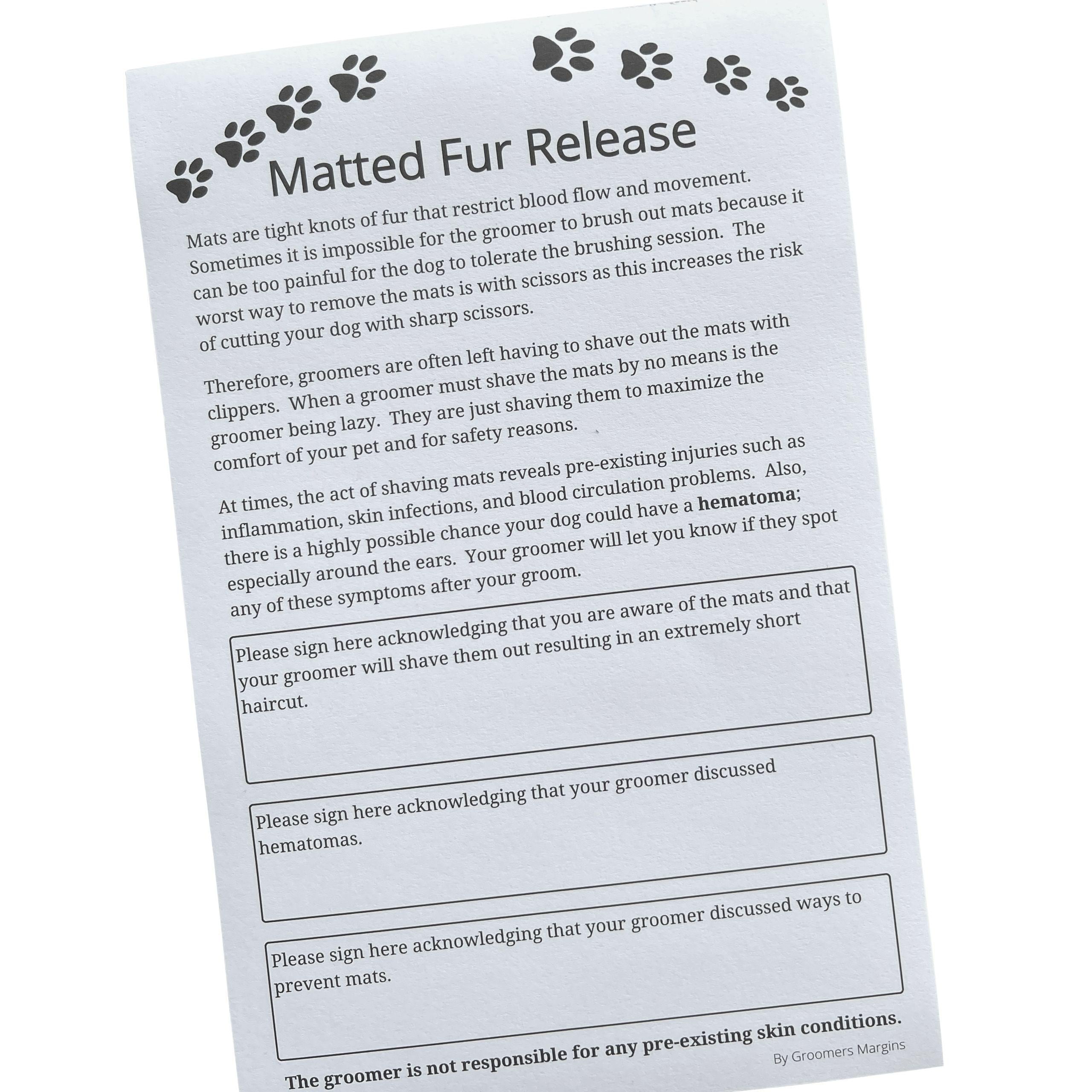 Dog Grooming Matted Fur Release Forms (pad of 100, 5.5 X 8.5 Inches ...