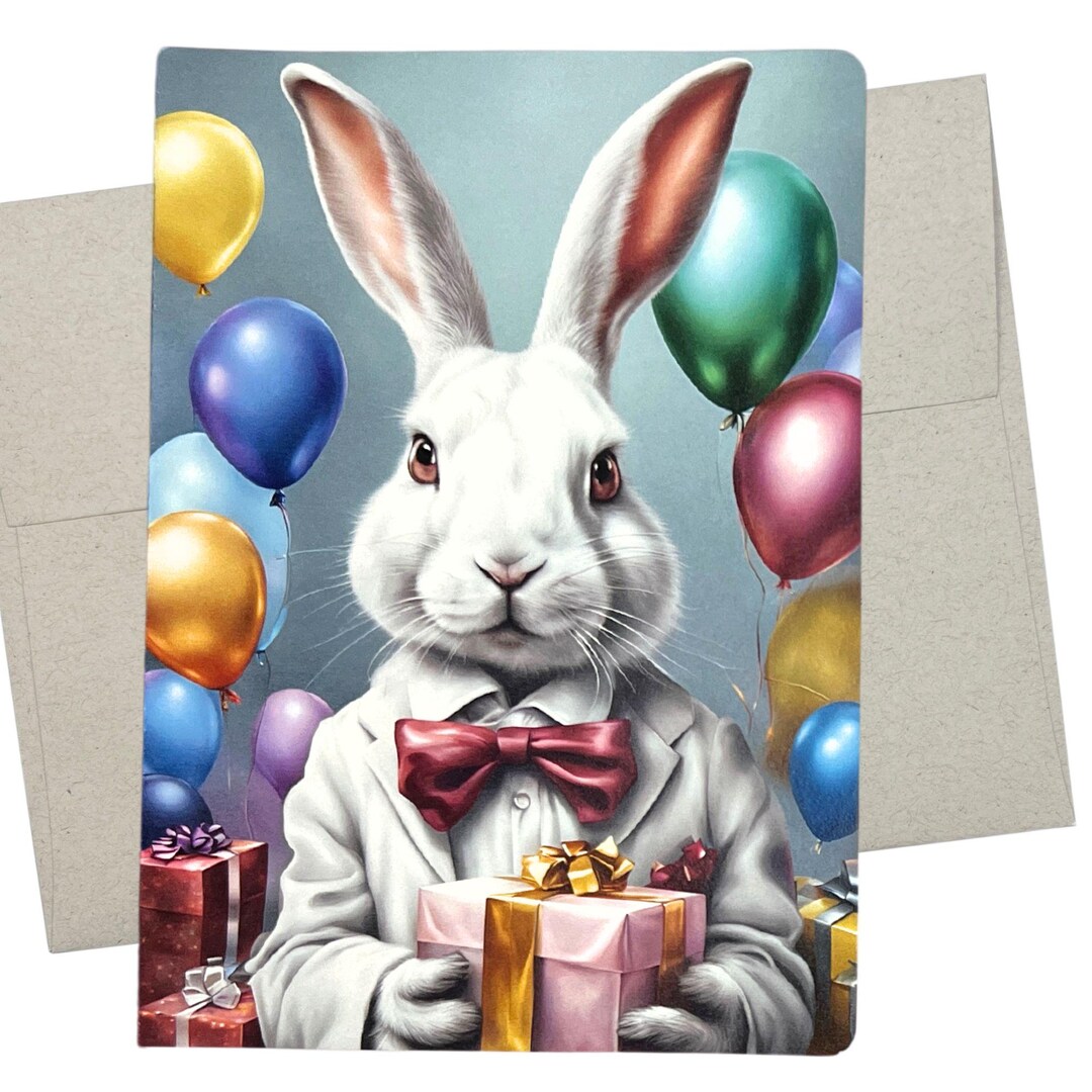 White Rabbit Birthday Card (1 Premium Card, 5X7 Inch) Bunny Rabbit Card ...
