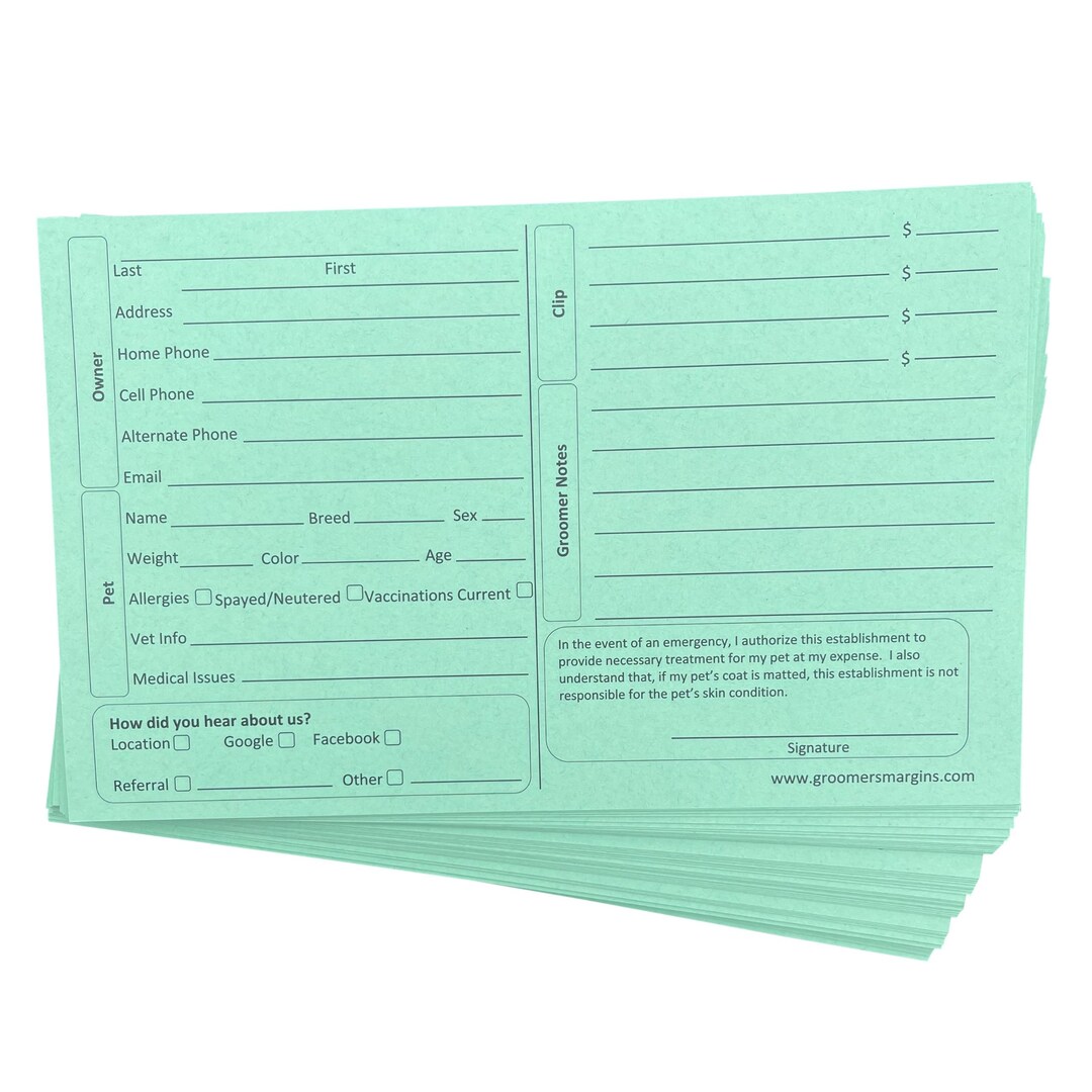 Green Dog Grooming Cards (100 Pack 8 X 5 Inch) Groomer Client Profile ...