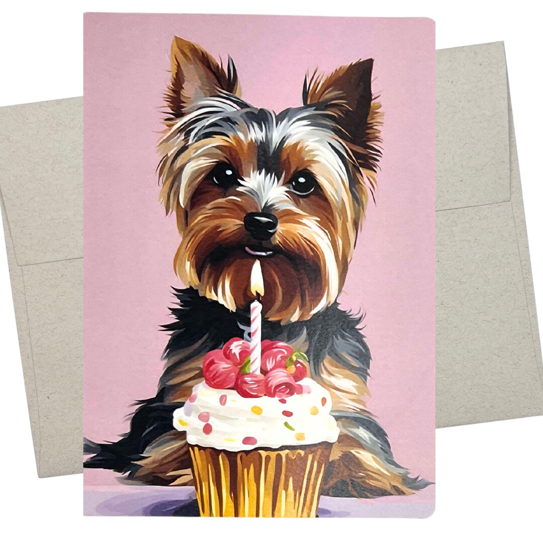 Yorkie Dog Birthday Card (1 Premium Card, 5X7 Inch, Blank Inside) Happy ...