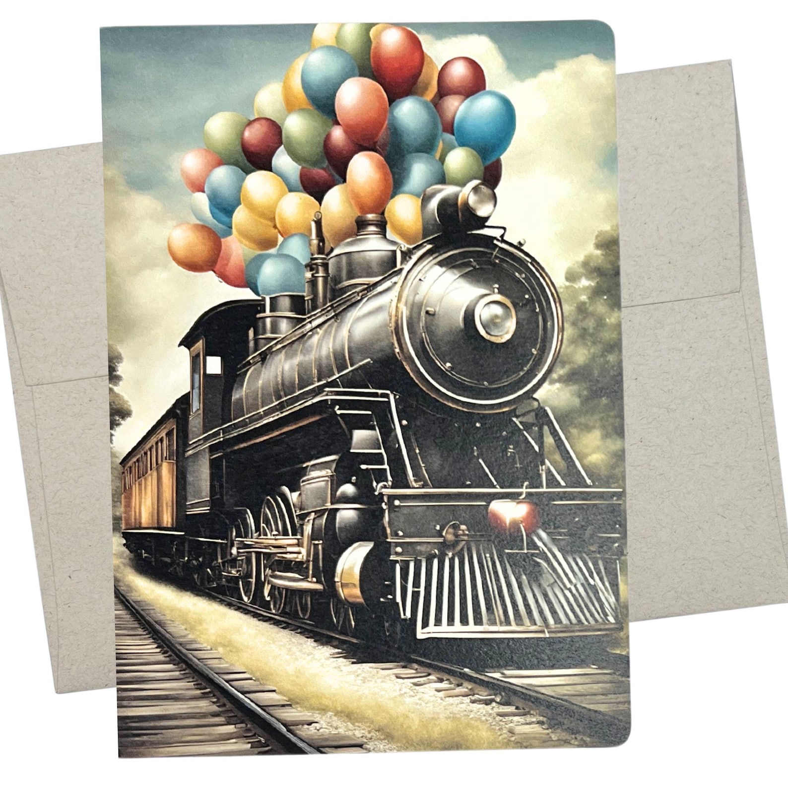Train Birthday Card (1 Card, 5X7 Inch) Old Locomotive Notecard Blank ...