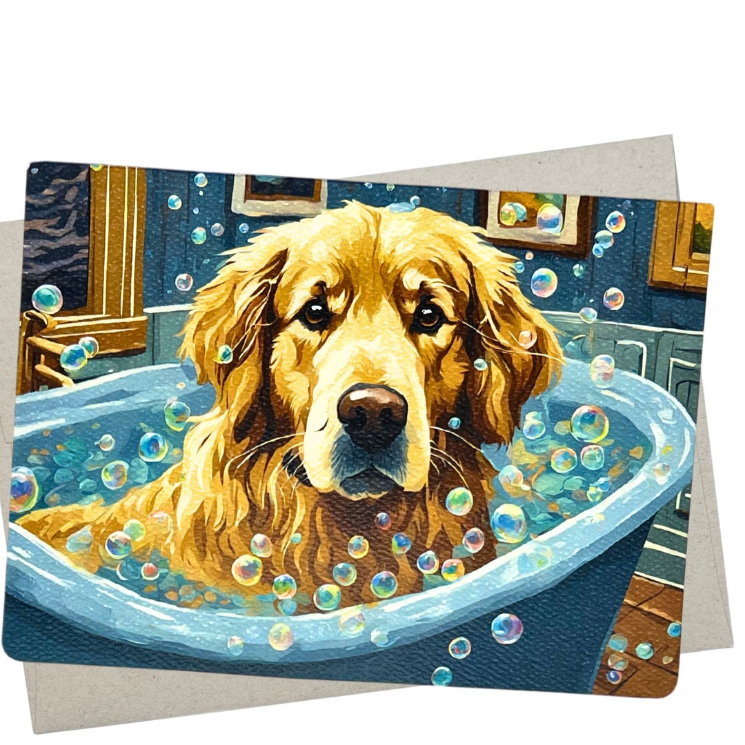 Golden Retriever Bathing Card (1 Premium Card, 5X7 Inch) Dog Bubble ...