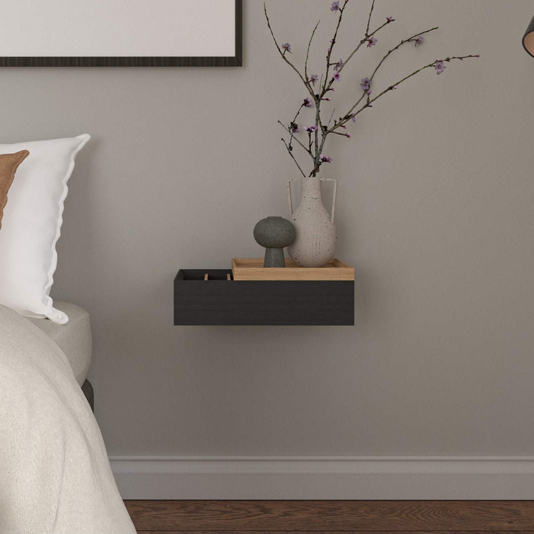 2 X pair Narrow Floating Bedside Table Made of Oak Wood Modern Bedside ...