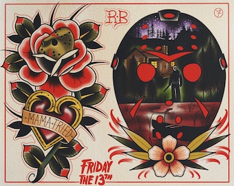 Friday the 13th Tattoo Flash Sheet, Halloween Digital Art Print - Etsy