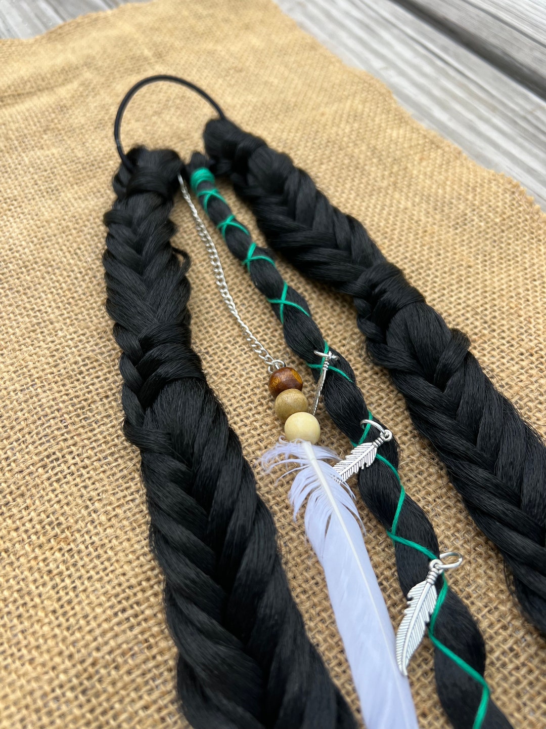 Black Feathered Braided Ponytail Extension Clip in or Ponytail Tie ...