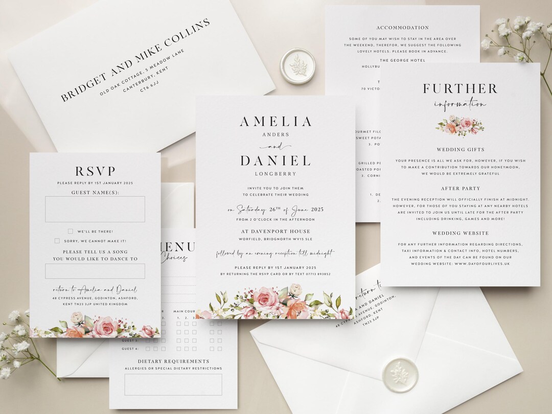 Floral Wedding Invitation Suite, Simple Wedding Invitation Set, Wedding ...