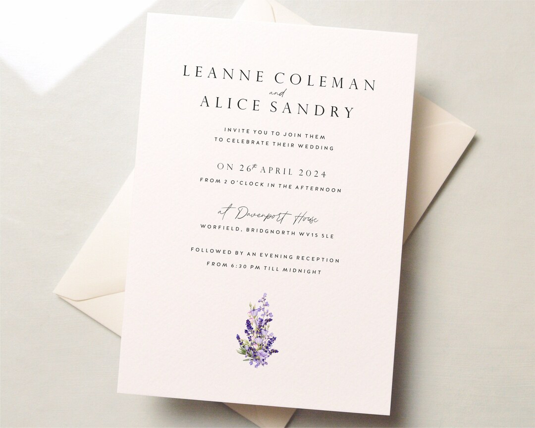 Simple Floral Wedding Invitation, Lavender Flower Wedding Invites ...