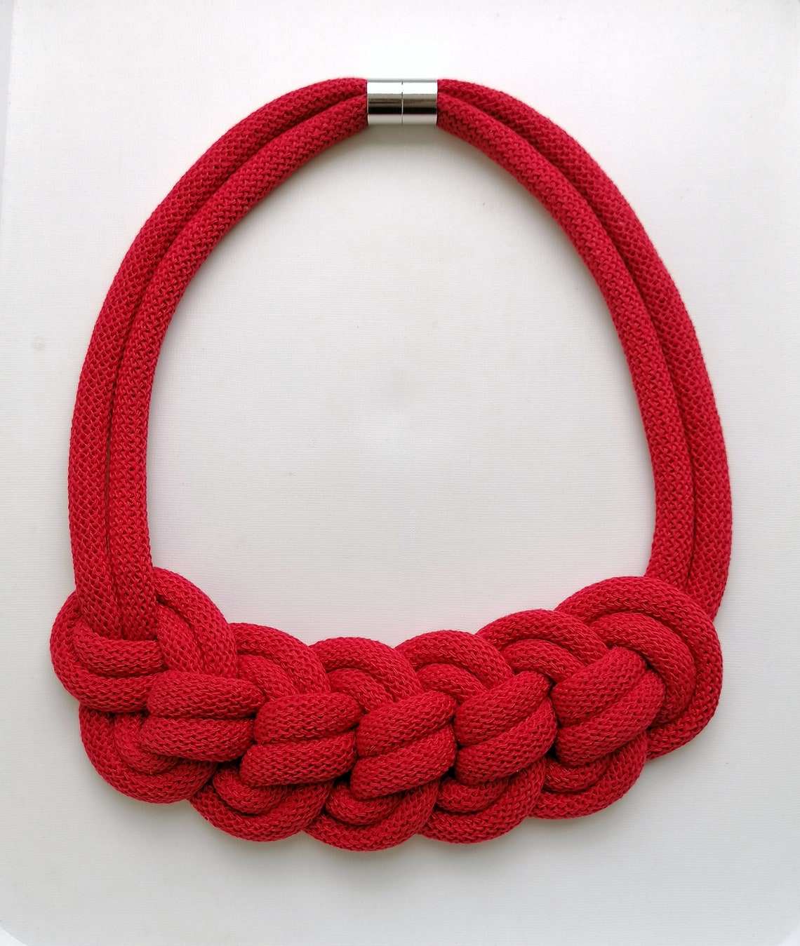 Bright Red Textile Necklace, Red Fashion Necklace, Soft Cord Red Collar ...