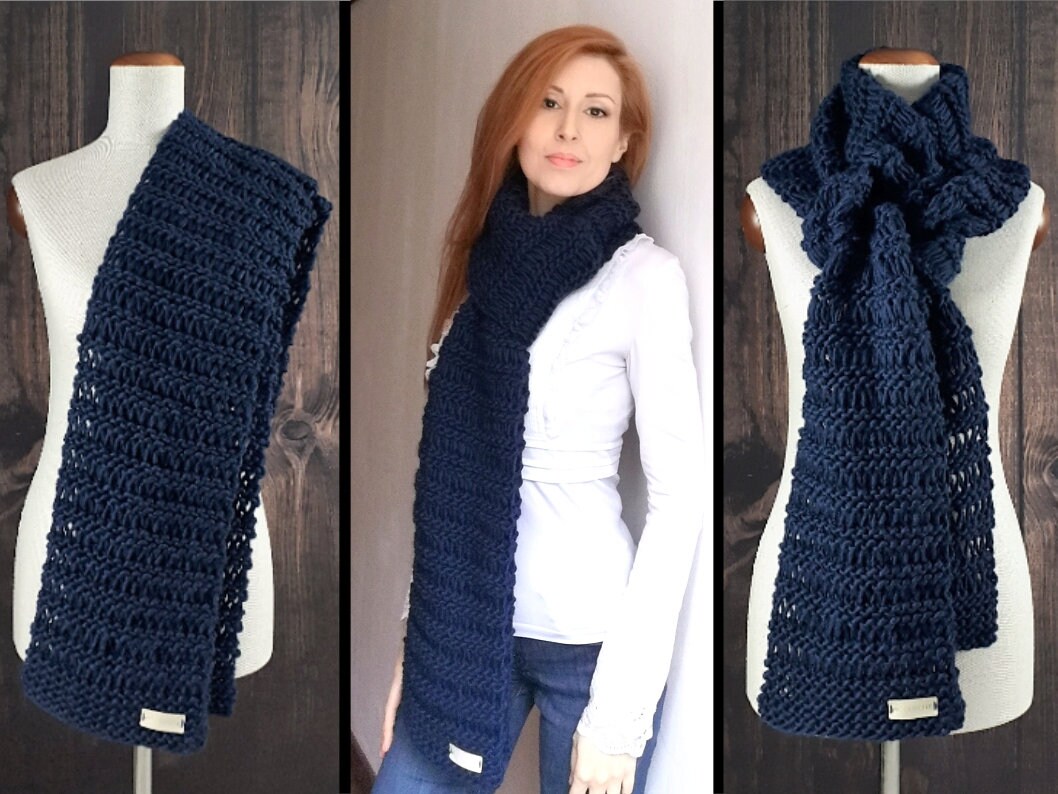 Navy Blue Long Cozy Winter Scarf in Pure Wool, Christmas Chunky Knitted ...