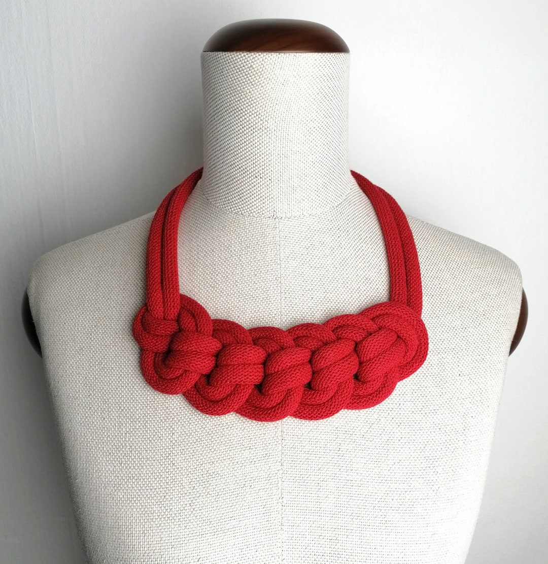 Bright Red Textile Necklace, Red Fashion Necklace, Soft Cord Red Collar ...