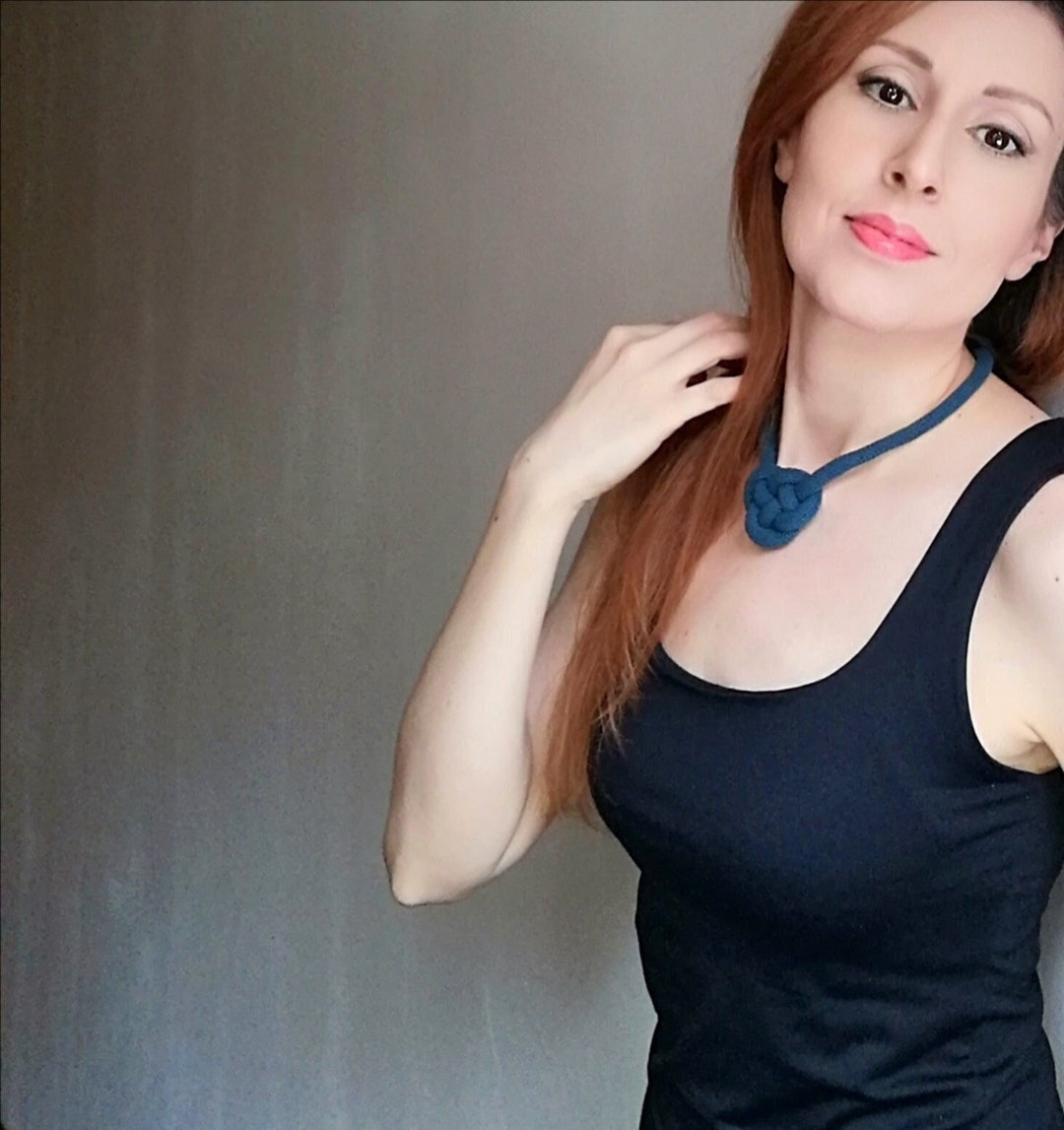 Blue Woven Fashion Necklace, Blue Textile Choker, Knot Chunky Choker ...