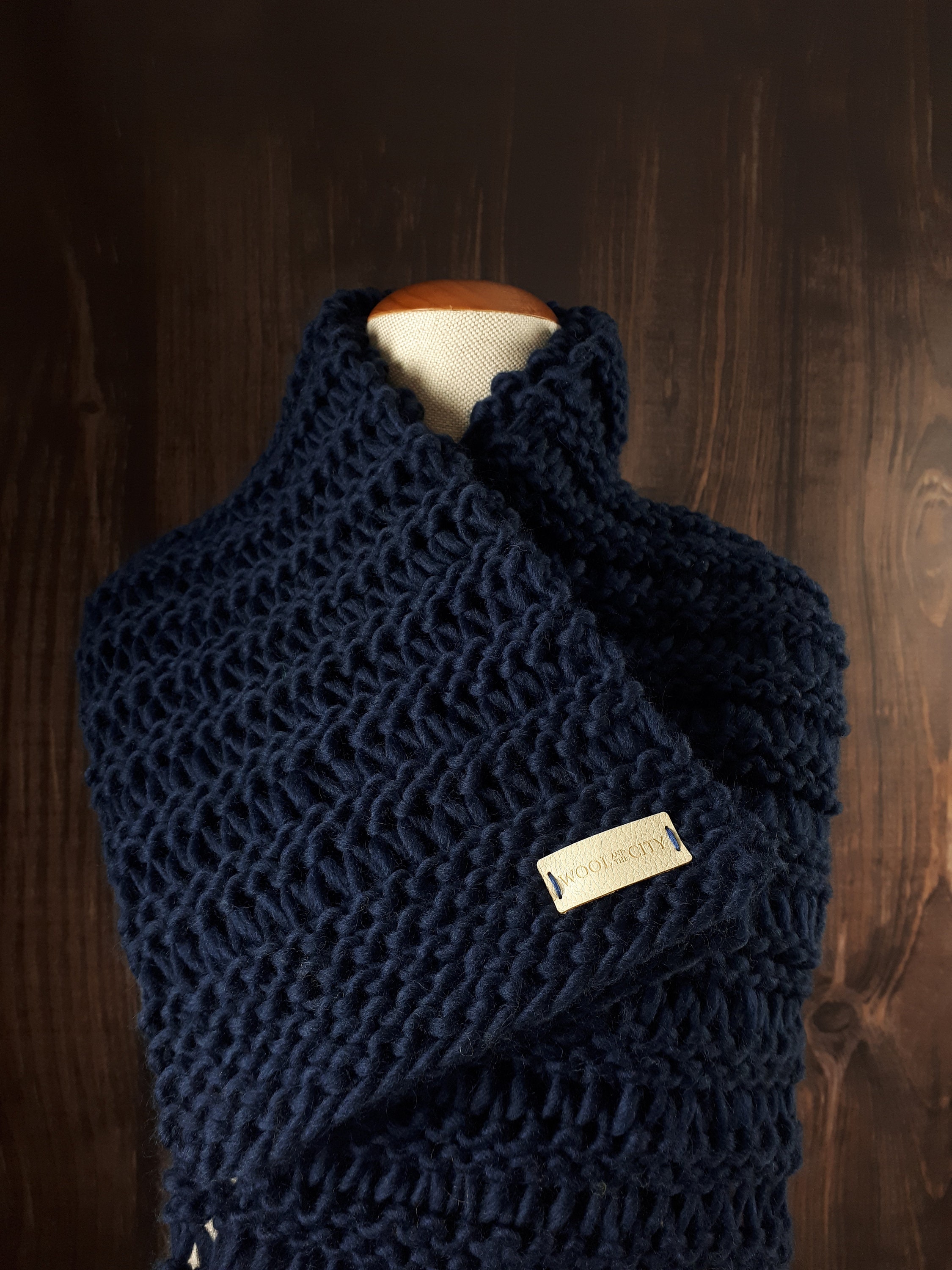 Navy Blue Long Cozy Winter Scarf in Pure Wool, Christmas Chunky Knitted ...