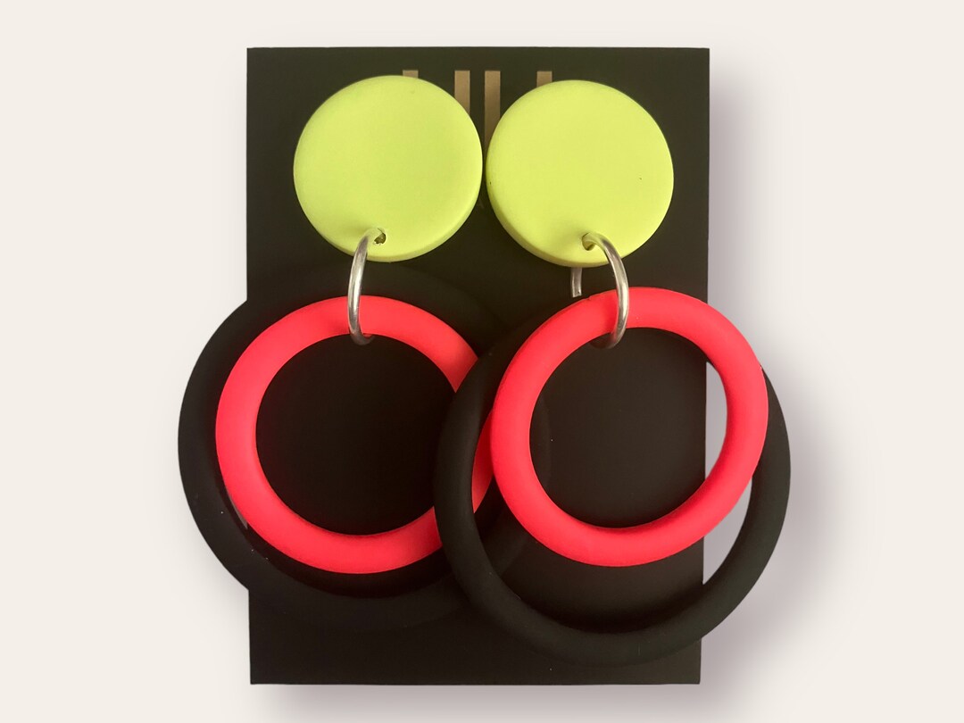 Neon Yellow, Neon Pink and Black Oversized Layered Hoops, Lightweight ...