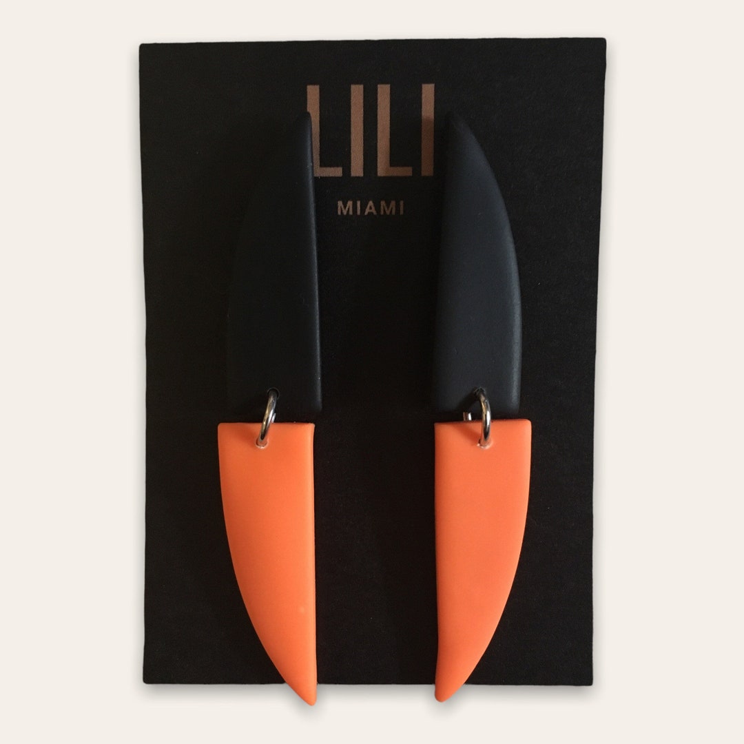Neon Orange and Black Fangs Earrings, Neon Orange Thin Earrings, Neon ...