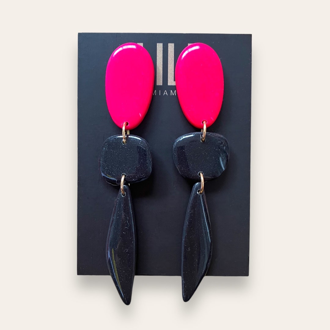 Black and Hot Pink Color Block Dangle Earrings Made From Polymer Clay ...