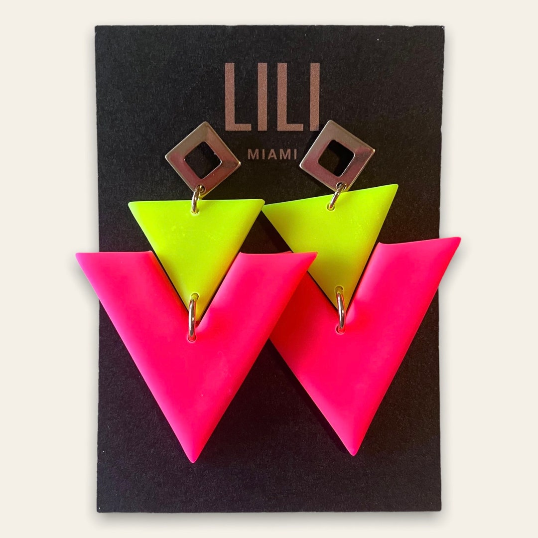 Neon Pink and Neon Yellow Triangle Earrings With Gold Color Posts - Etsy