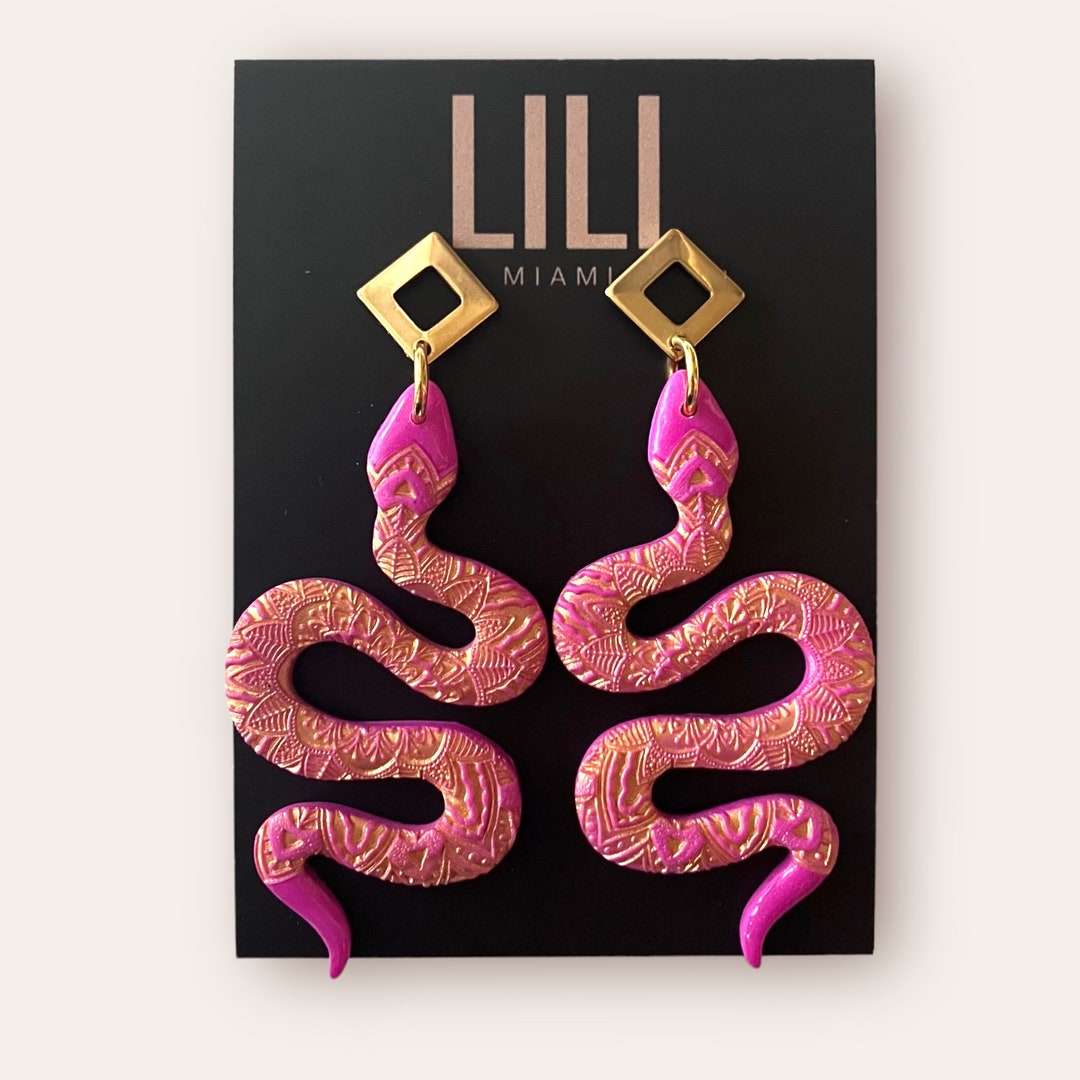 Pink and Gold Unique Snakes Design Handmade Polymer Clay Statement ...